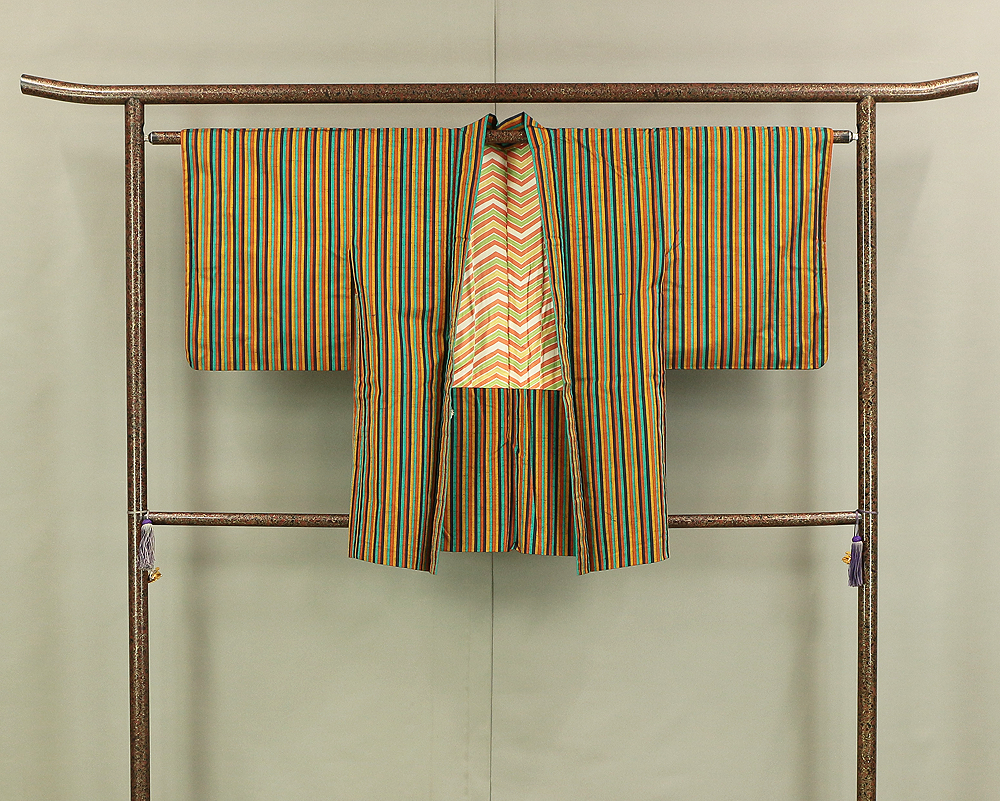 Haori Japanese Kimono Coat with Yellow Color based Pattern Shima Strip ...