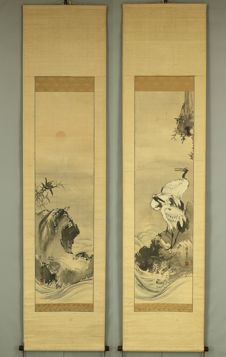 岸岱 Gantai (1782-1865) Japanese antique art Paired kakejiku kakemono wa ...