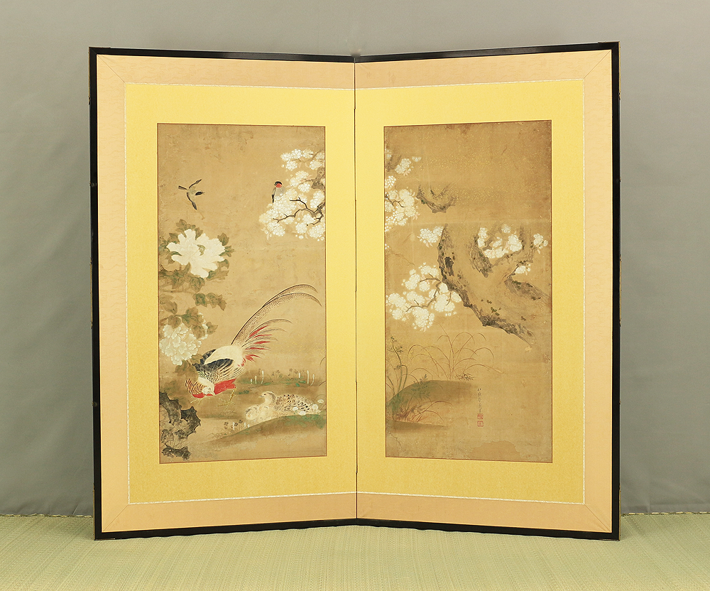 伊徳栄茂 Itoku Eimo Byobu Folding Screen Room divider Two panels / 'Cherry ...