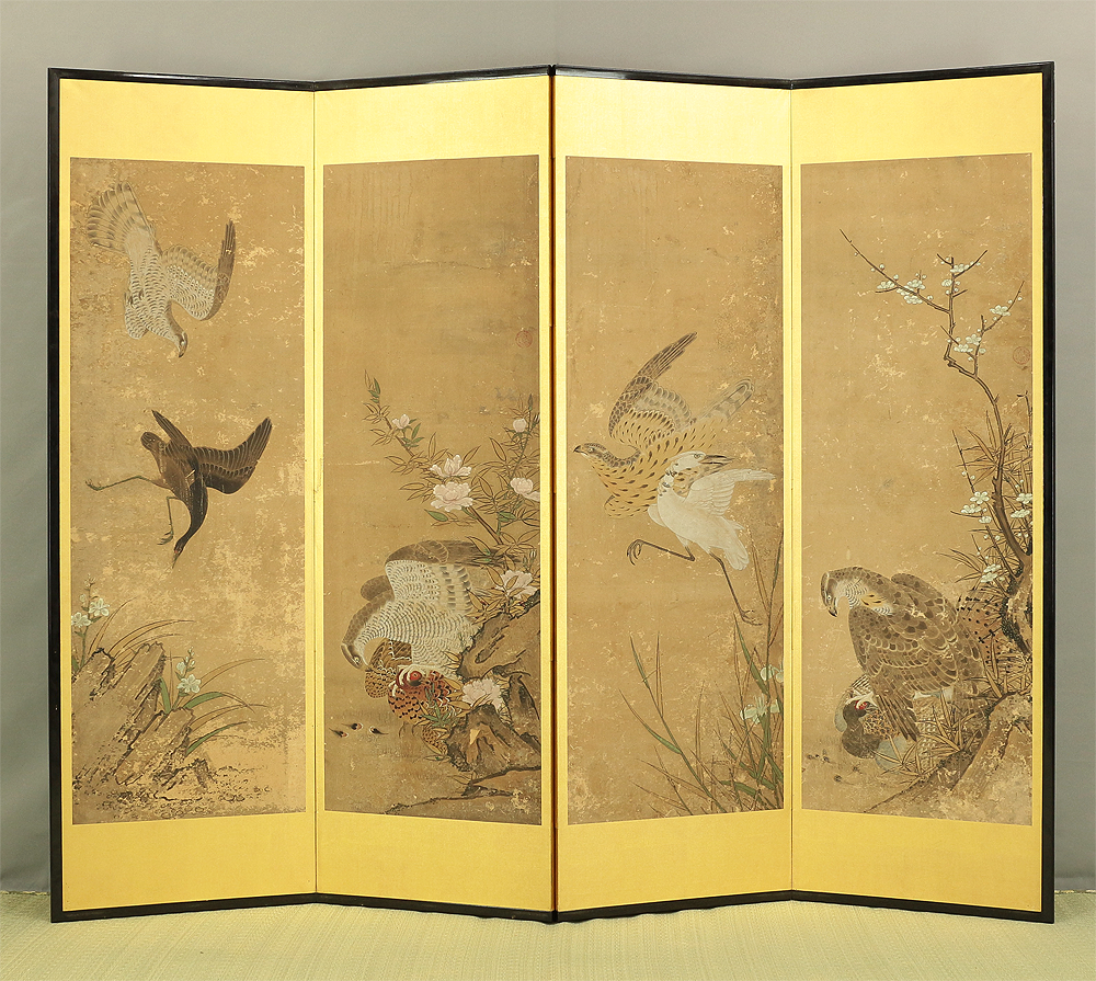 Gold Leaf Framed 'Hawk Hunting' Four Panels Folding Screens Byobu Room ...