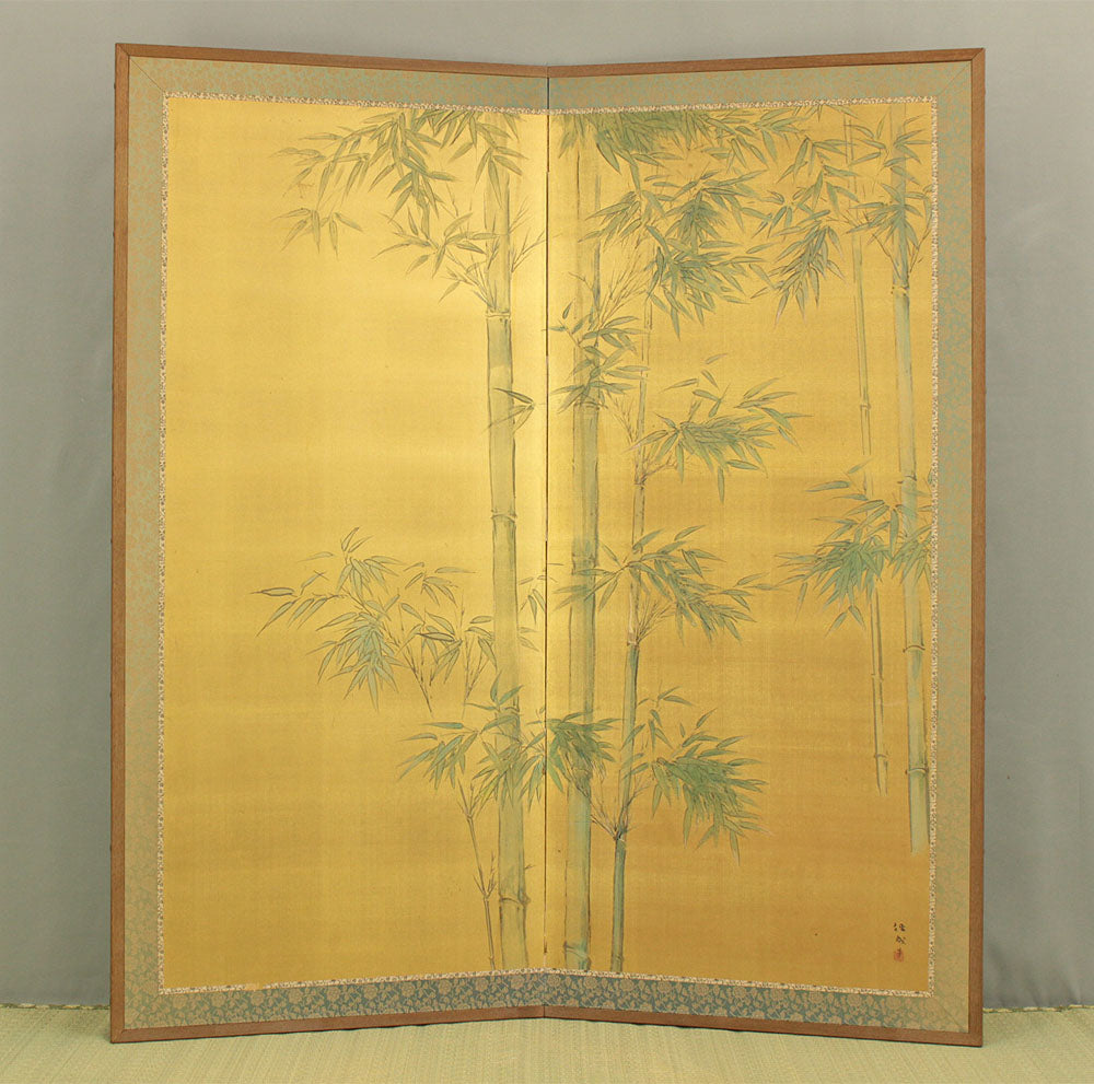 径成 Keisei Gold-Leaf 'Bamboo Grove' Byobu Two Panels Folding Screens Ro ...