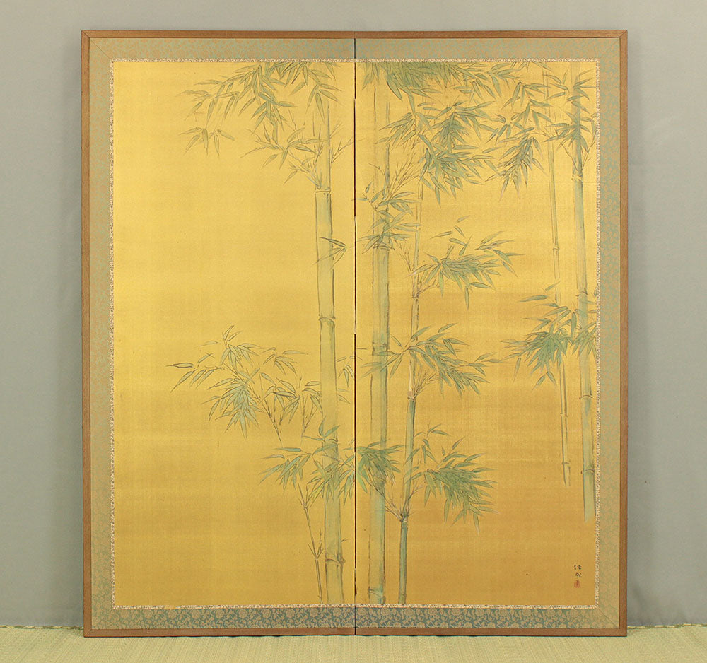 径成 Keisei Gold-Leaf 'Bamboo Grove' Byobu Two Panels Folding Screens Ro ...